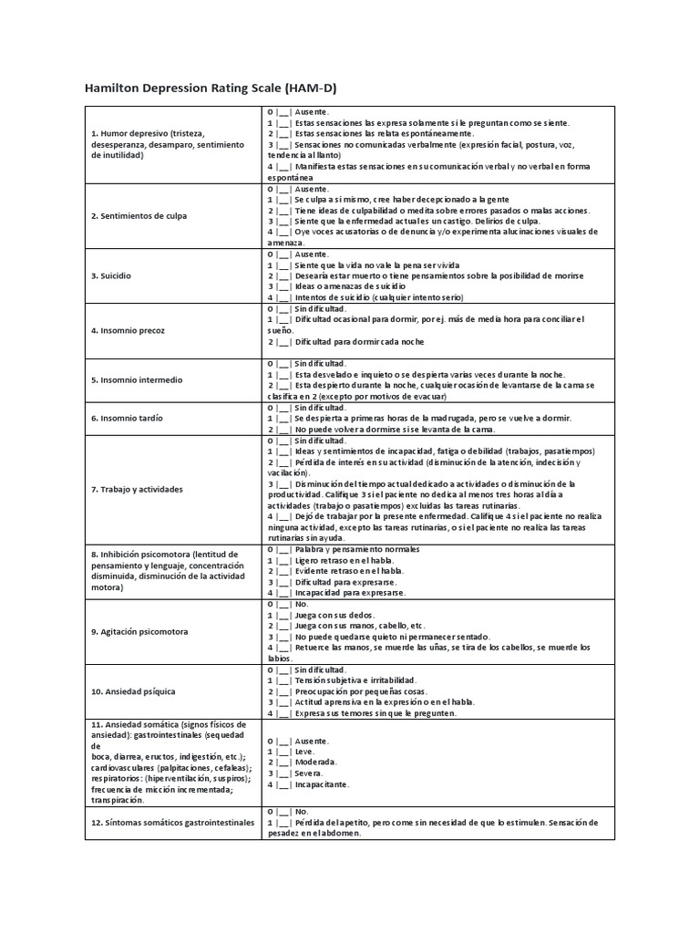 Escala Hamilton Depresion | PDF | Pérdida de peso | Depresión (estado ...