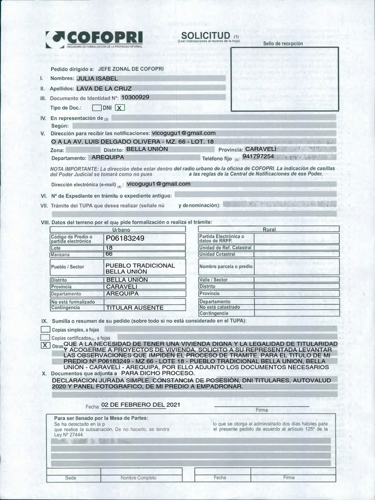 Solicitud Cofopri Julia Isabel Lava de La Cruz | PDF