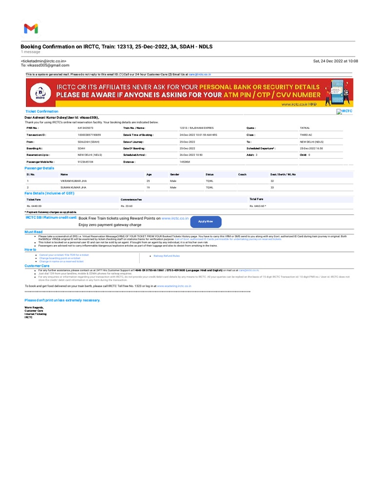 Gmail - Booking Confirmation On IRCTC, Train - 12313, 25-Dec-2022, 3A, SDAH - NDLS | PDF ...