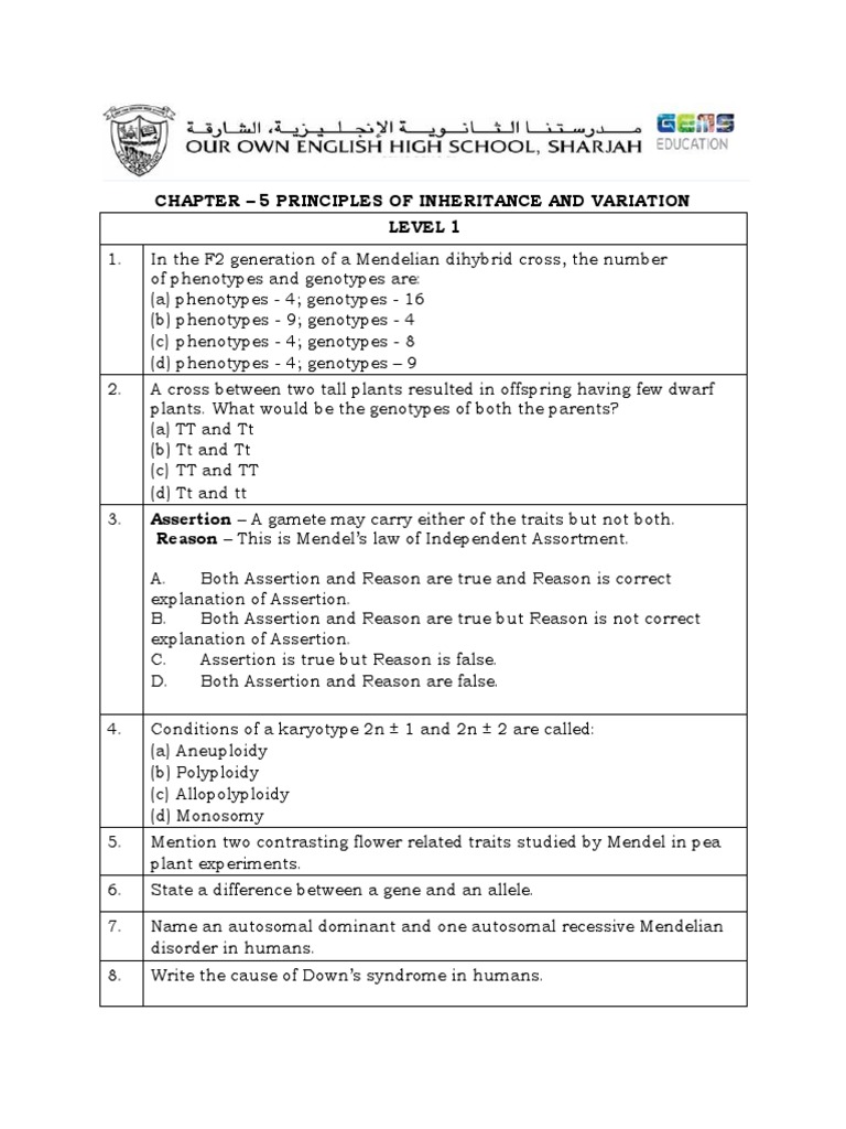 Worksheet - Chapter 5 - Principles of Inheritance Variation | PDF ...