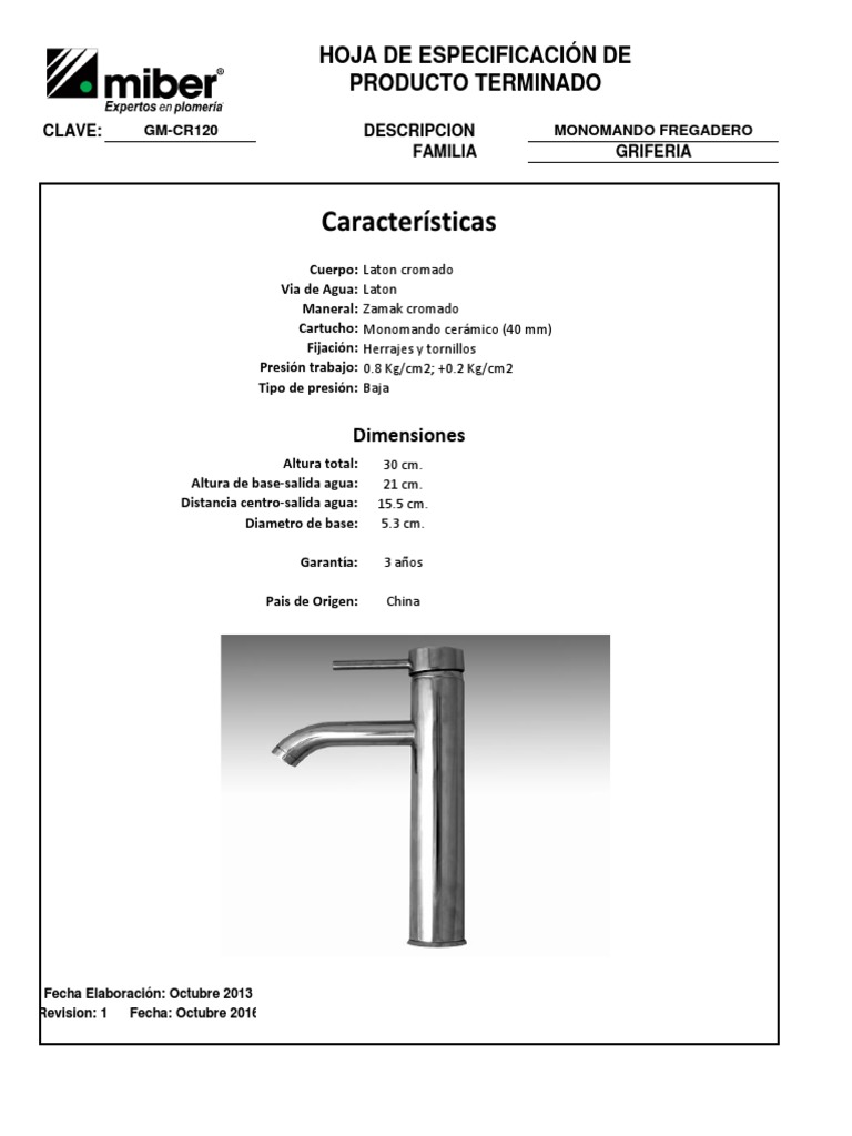 Ficha Tecnica Griferia Clasica Monomando GM CR120 Miber Expertos en ...