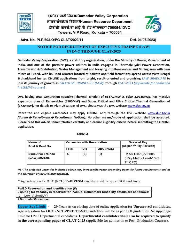 Advertisement For Recruitment of Executive Trainee Law Through Clat 2023 Applicable For ...