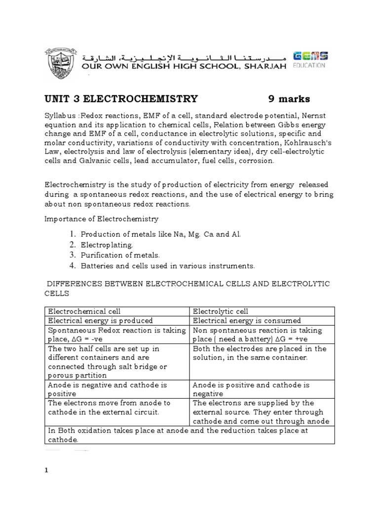 Unit 3 Electrochemistry | Download Free PDF | Electrochemistry | Redox