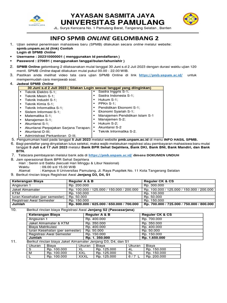 Unpam - Info SPMB Online Gel2 | PDF