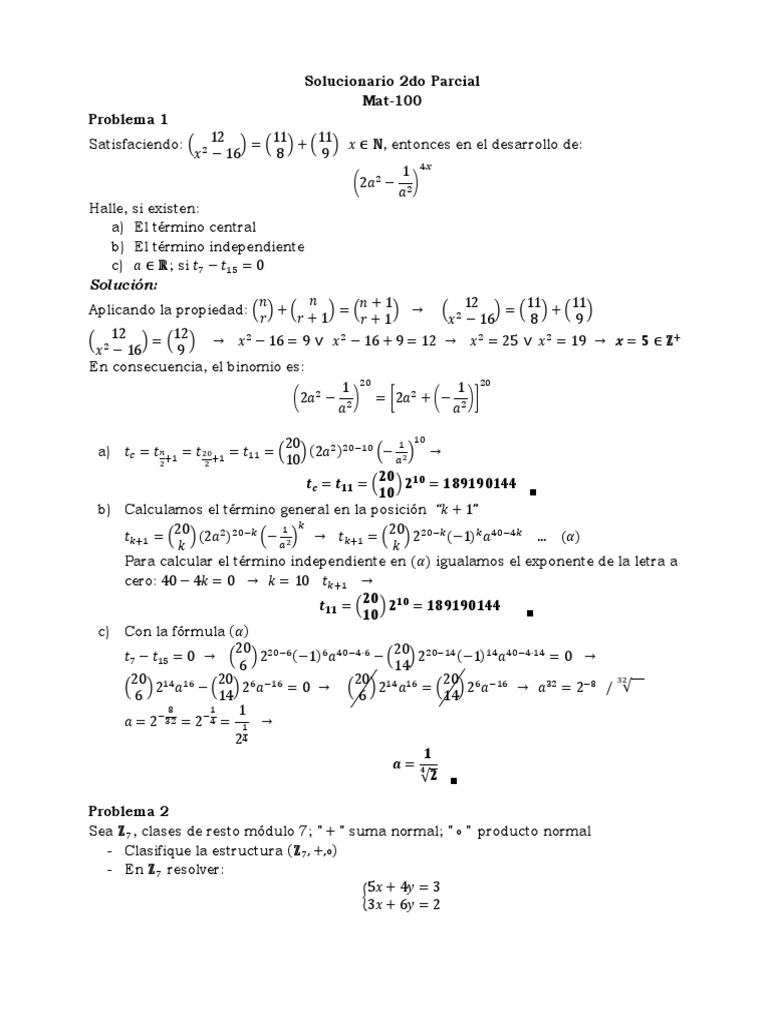 2P Solucionario Segundo Parcial Mat-100 | PDF | Grupo (Matemáticas) | Álgebra abstracta