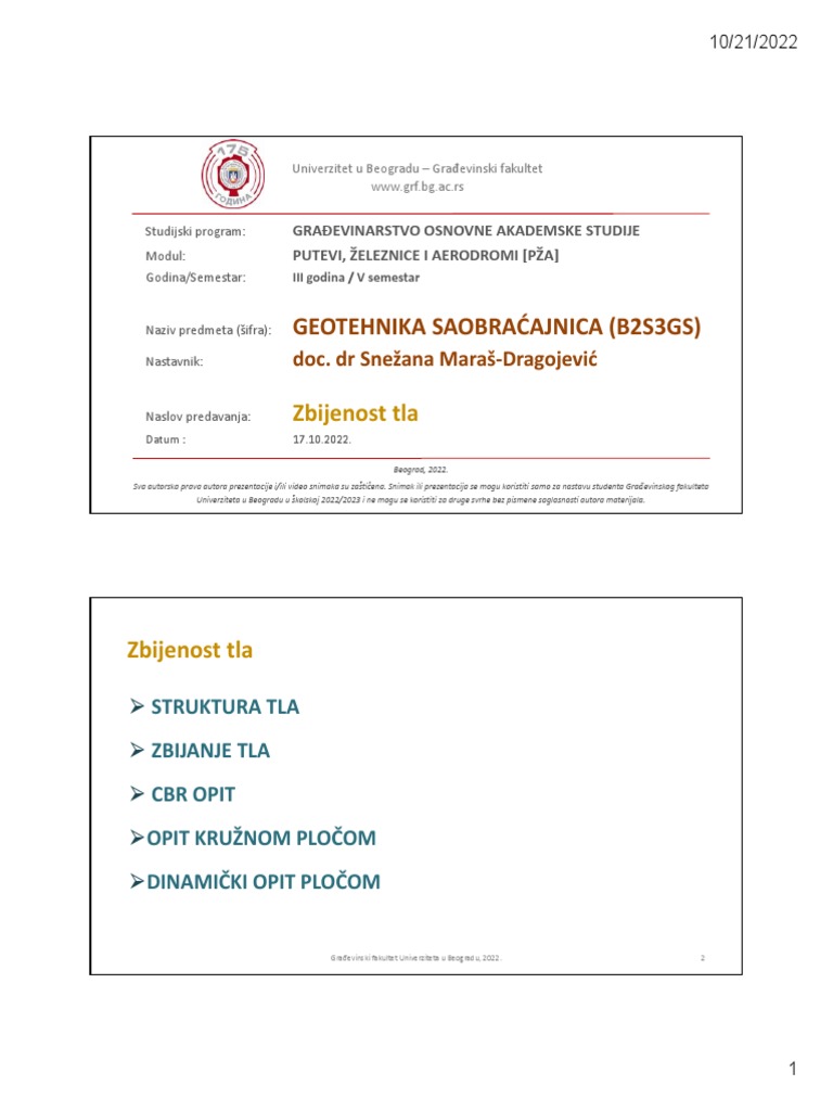 Geotehnika Saobr - Zbijenost Tla - Predavanje - Gs - 3bgd | PDF