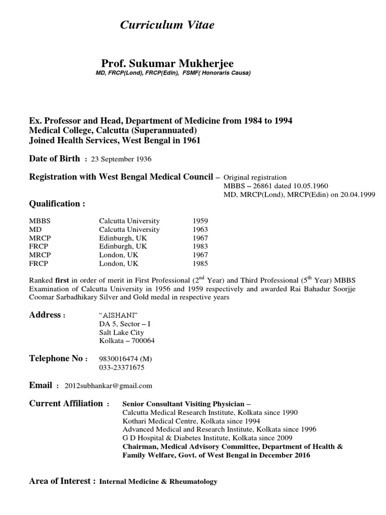 DR Sukumar Mukherjee Bio | PDF | Kolkata | Doctor Of Medicine