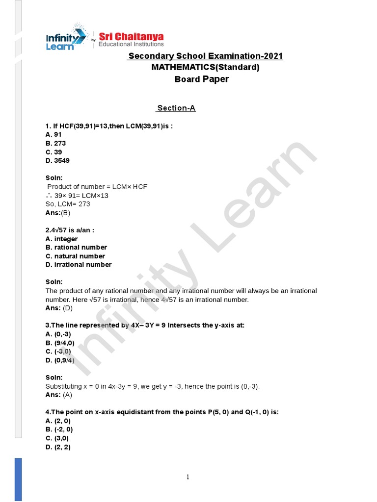 Maths Board Paper Standard 2021 | PDF | Triangle | Circle
