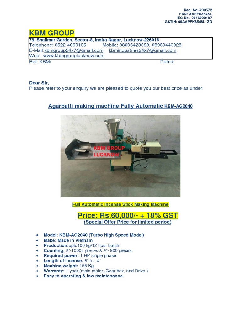 Fully Automatic Agarbatti Machine Info | PDF | Technology & Engineering