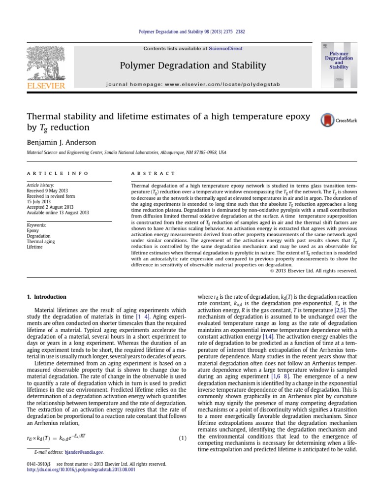 Thermal Stability and Lifetime Estimates of A High Temperature Epoxy by ...