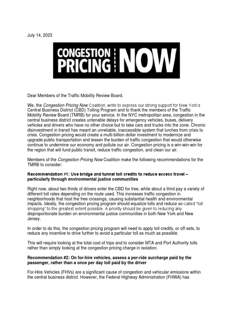 Congestion Pricing Now TMRB Recommendations Letter 7.14.23 | PDF ... Congestion Pricing Now TMRB Recommendations Letter 7.14.23 | PDF ...
