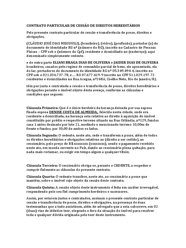 Cessão De Direitos Hereditários Pdf