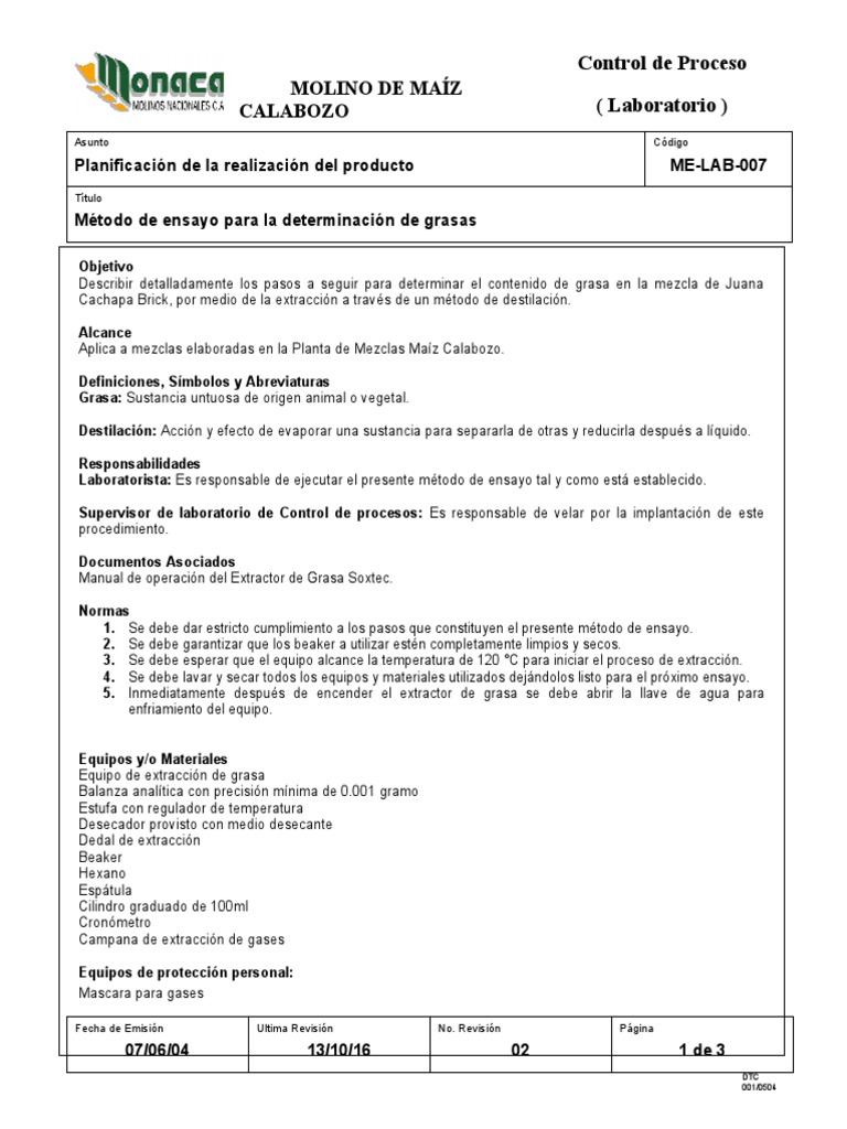 Metodo Grasa ME-LAB-006 | PDF | Ciencias fisicas | Química