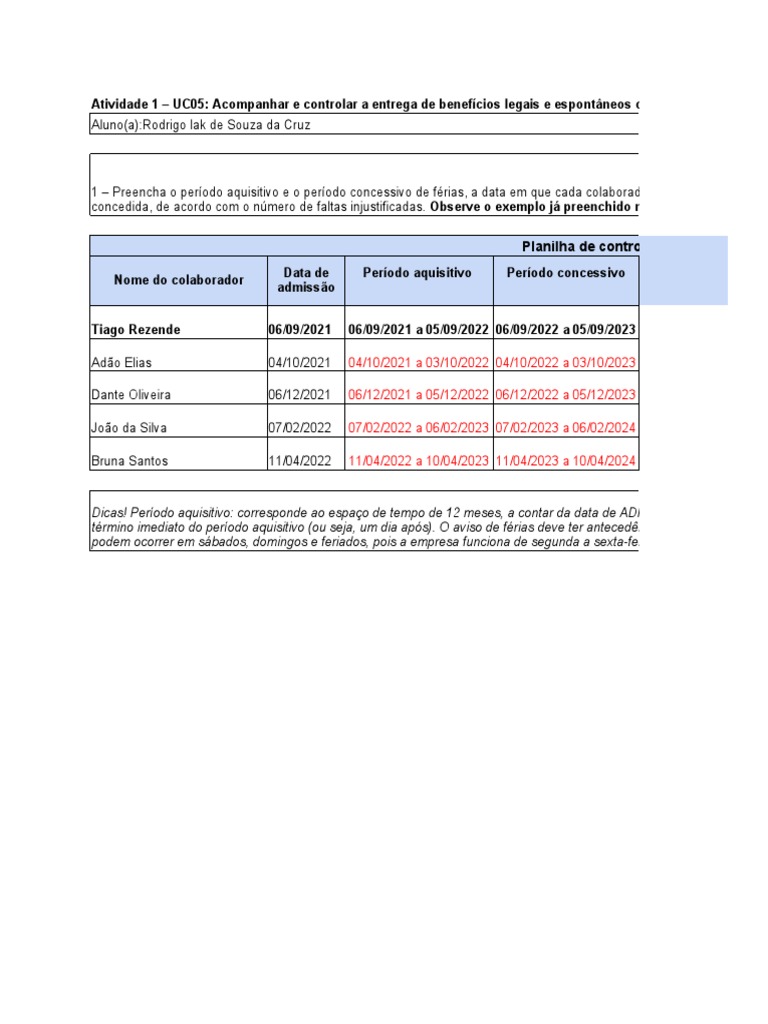 Modelo Atividade 1 Ferias | PDF | Férias trabalhistas
