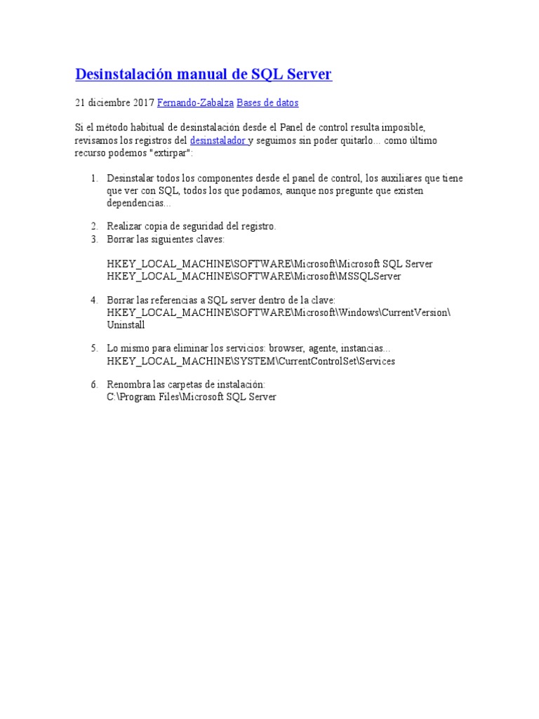 Desinstalación Manual de SQL Server | PDF