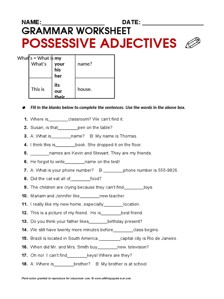 Taller Con Los Adjetivos Posesivos | PDF