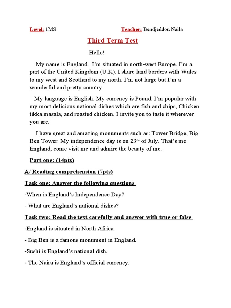 1MS Third Term Test - Dotx | PDF | England | Cooking