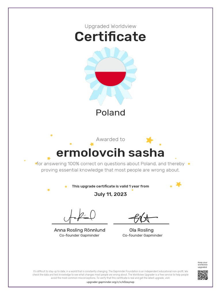 Gapminder Certificate - Poland - Ermolovcih Sasha | PDF