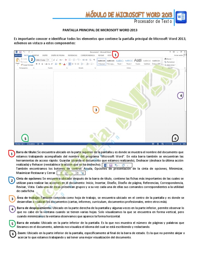 Interfaz Pantalla Principal y Partes de Word 2013 | PDF | Ventana ...