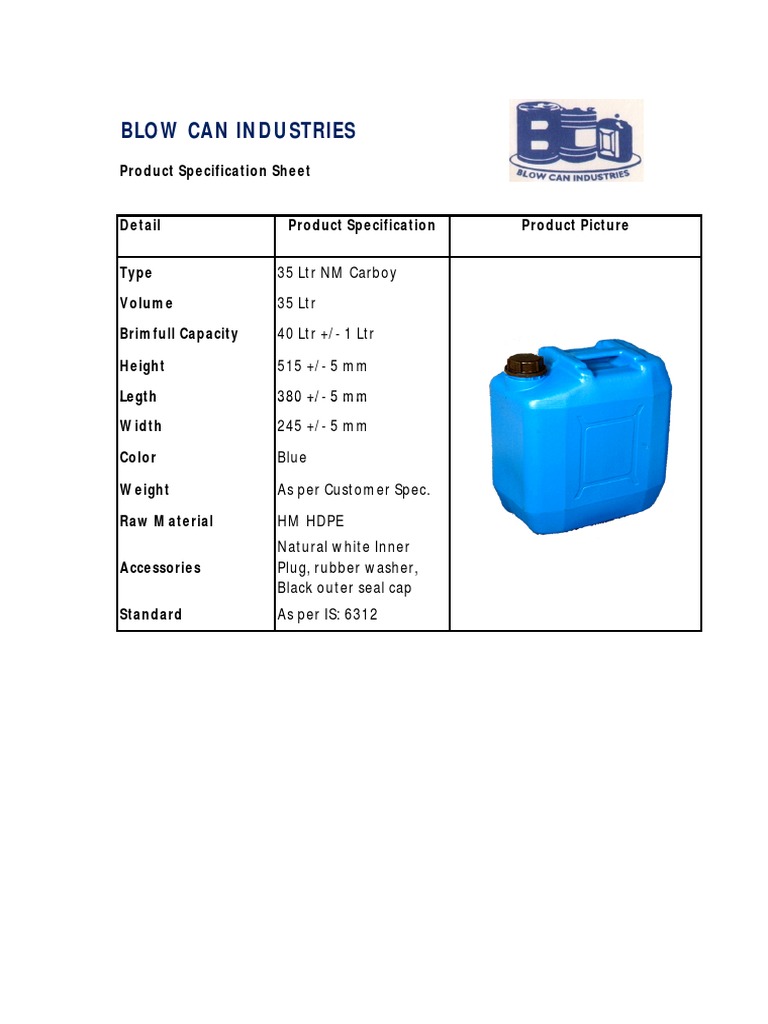 Plastic Jerry Can 35lit - Blow Can Industries | PDF