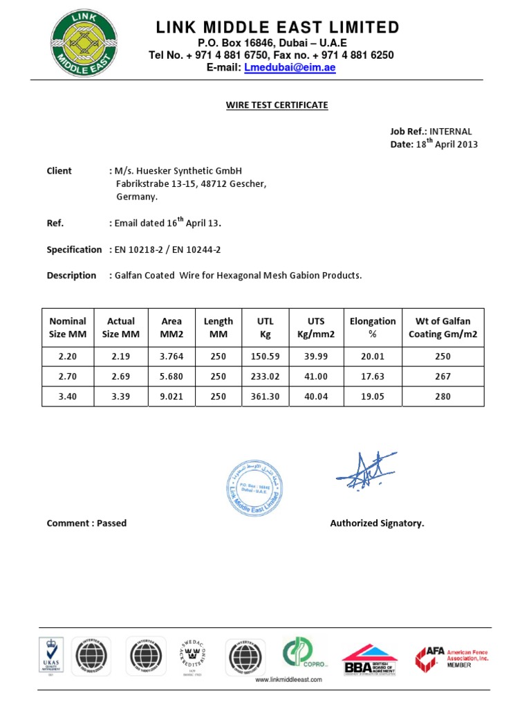 Wire Test Certificate | PDF