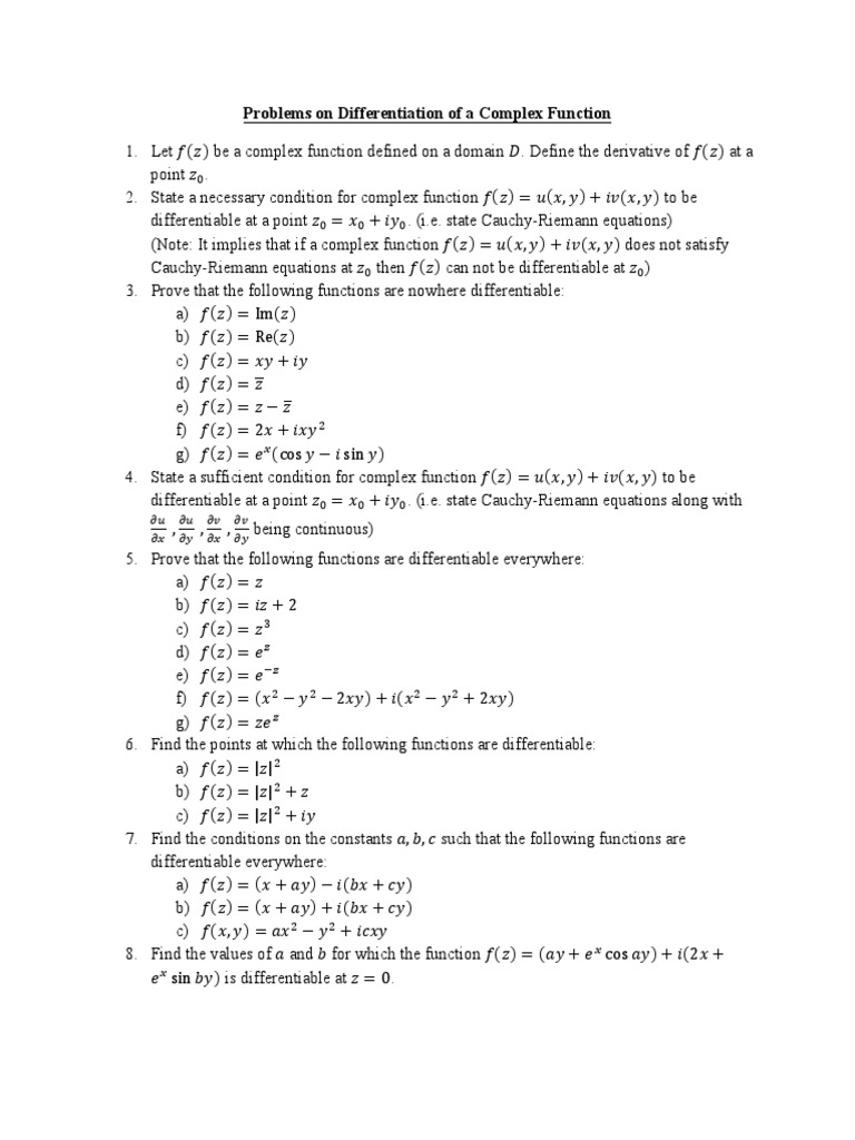 Problems On Differentiation of Complex Functions | PDF