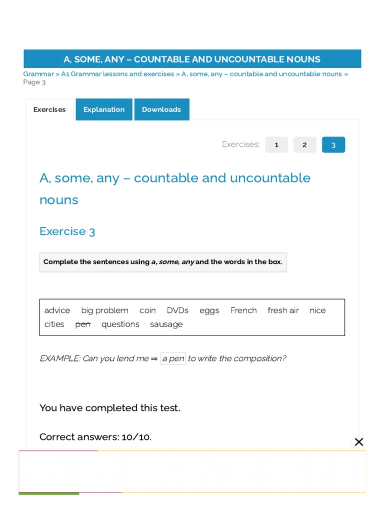A, Some, Any - Countable and Uncountable Nouns - Page 3 of 3 - Test ...