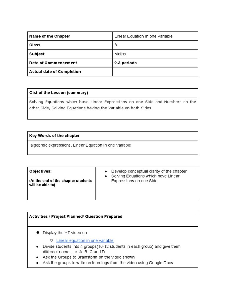 Class 8 Linear Equations Lesson Plan | PDF | Equations | Variable ...