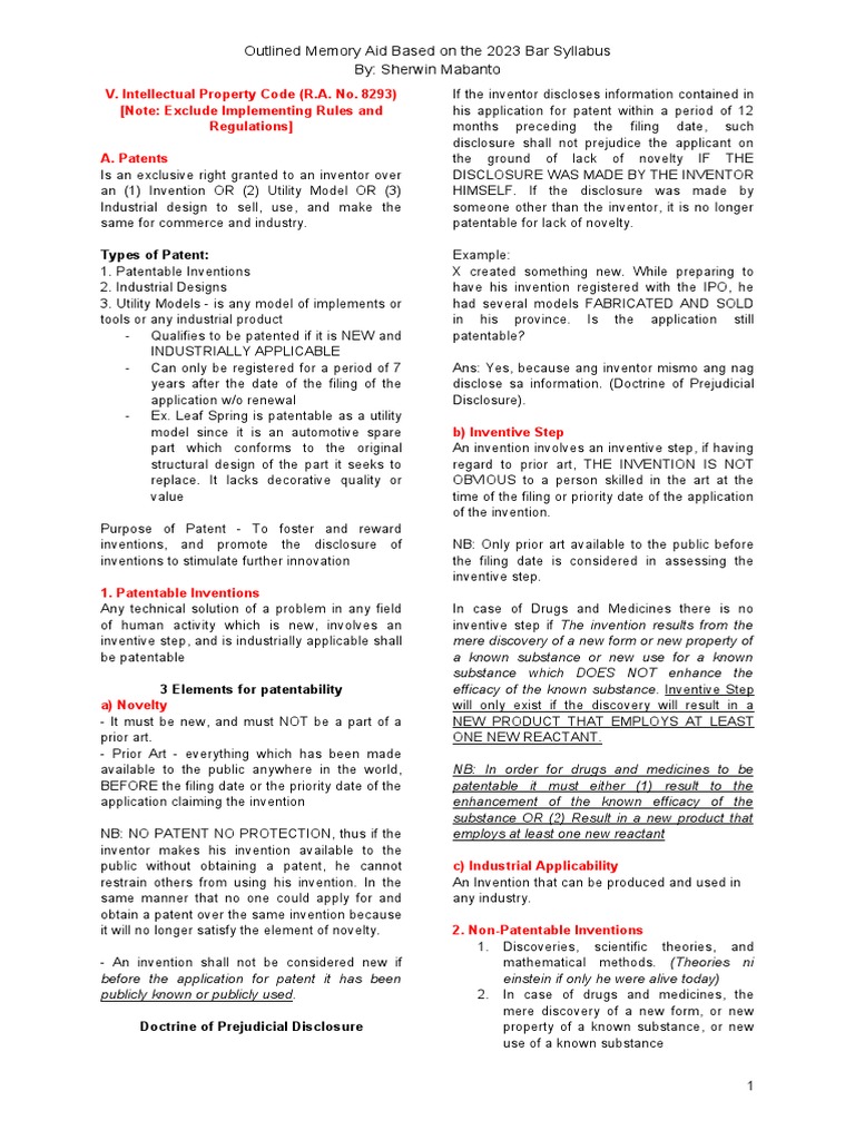 IPL Memory Aid | PDF | Patent | Glossary Of Patent Law Terms