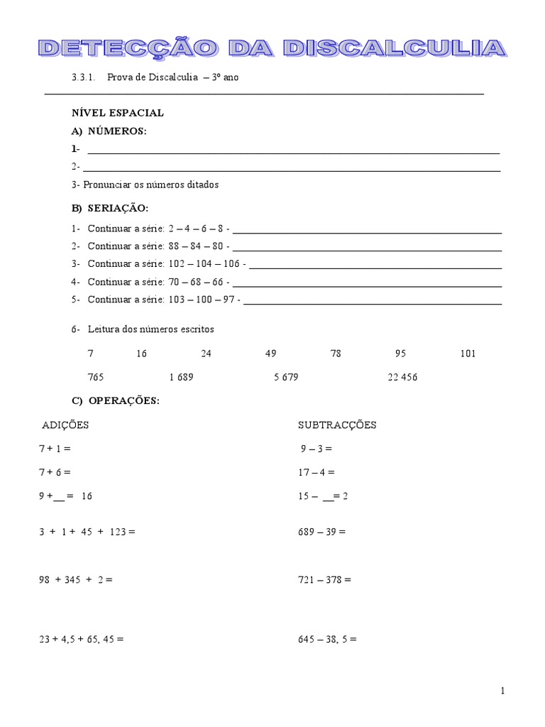 Exercícios - Discalculia - 3ºano | PDF | Matemática elementar | Aritmética