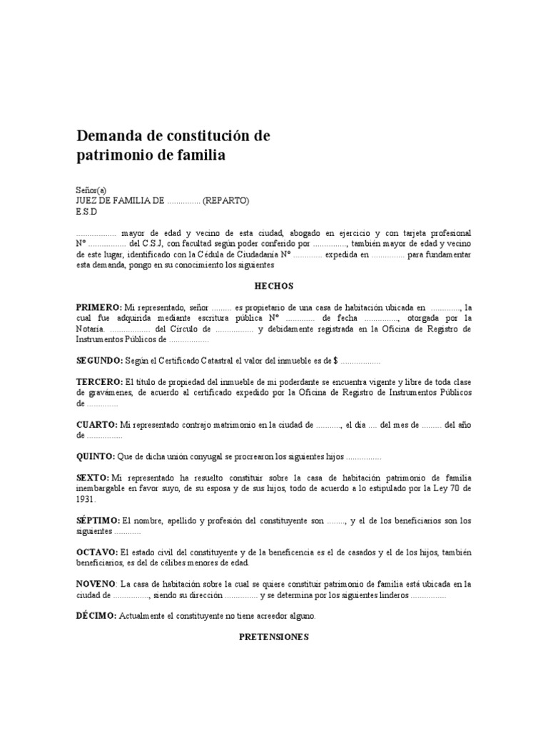 Demanda de constitución de patrimonio de familia | PDF | Bienes (Ley) | Constitución