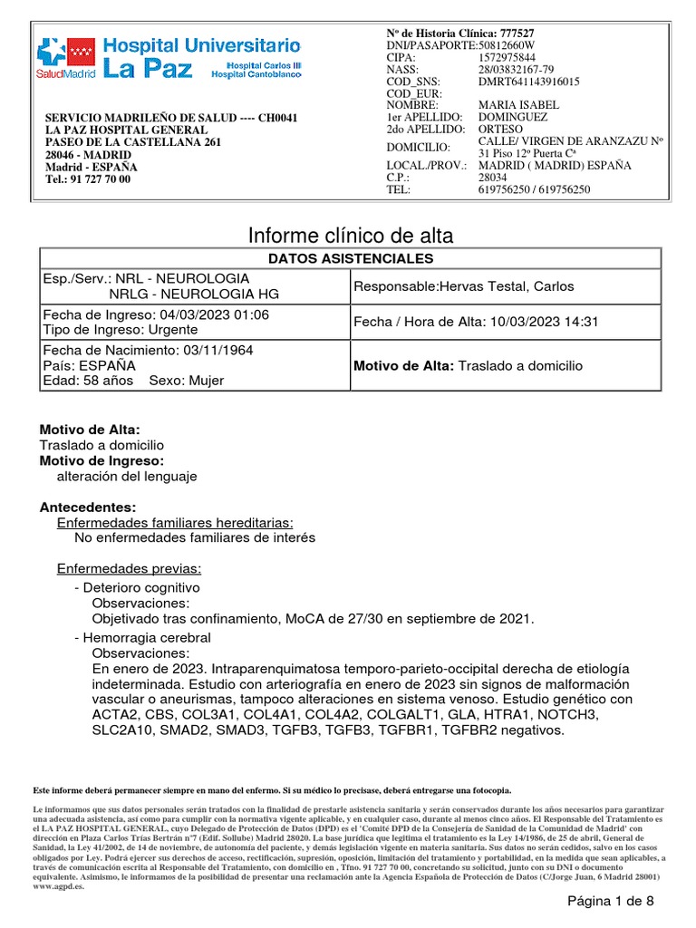 Informe Clínico de Alta: Datos Asistenciales | PDF | Privacidad de la ...