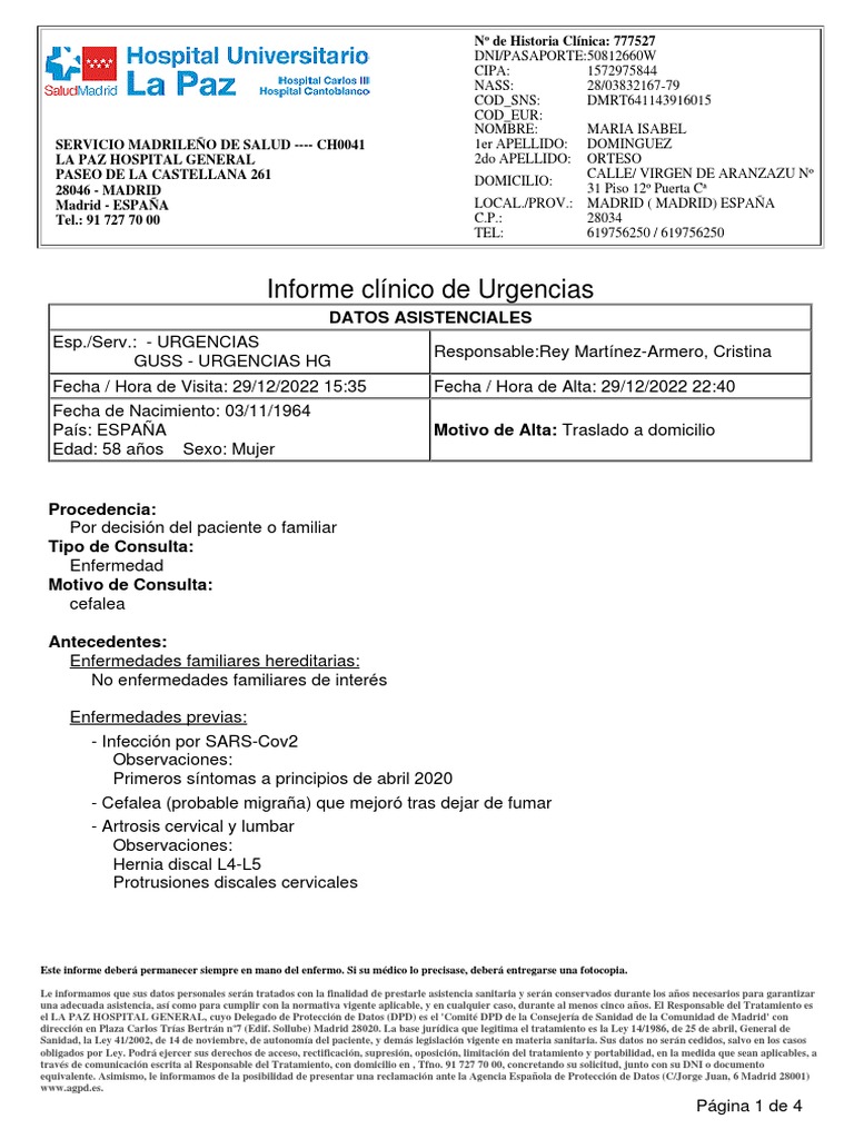 Informe Clínico de Urgencias: Datos Asistenciales | PDF | Privacidad de la información | Hospital