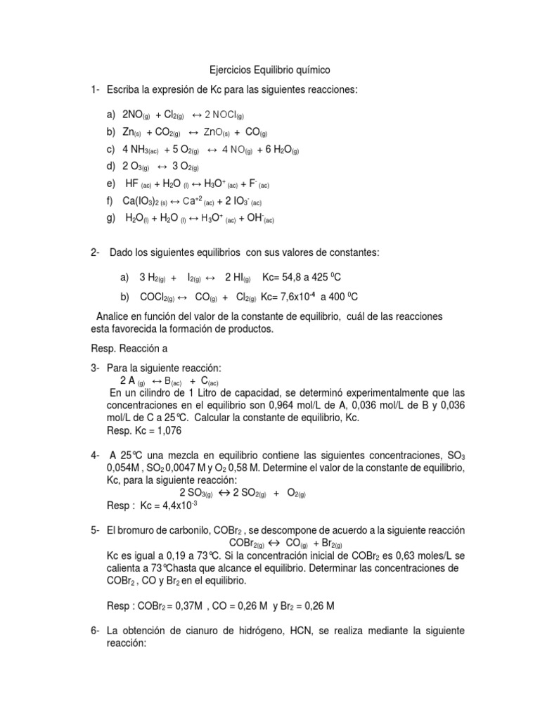 Guía de Ejercicios Equilibrio Químico | PDF | Equilibrio químico | Mecánica de Medios Continuos