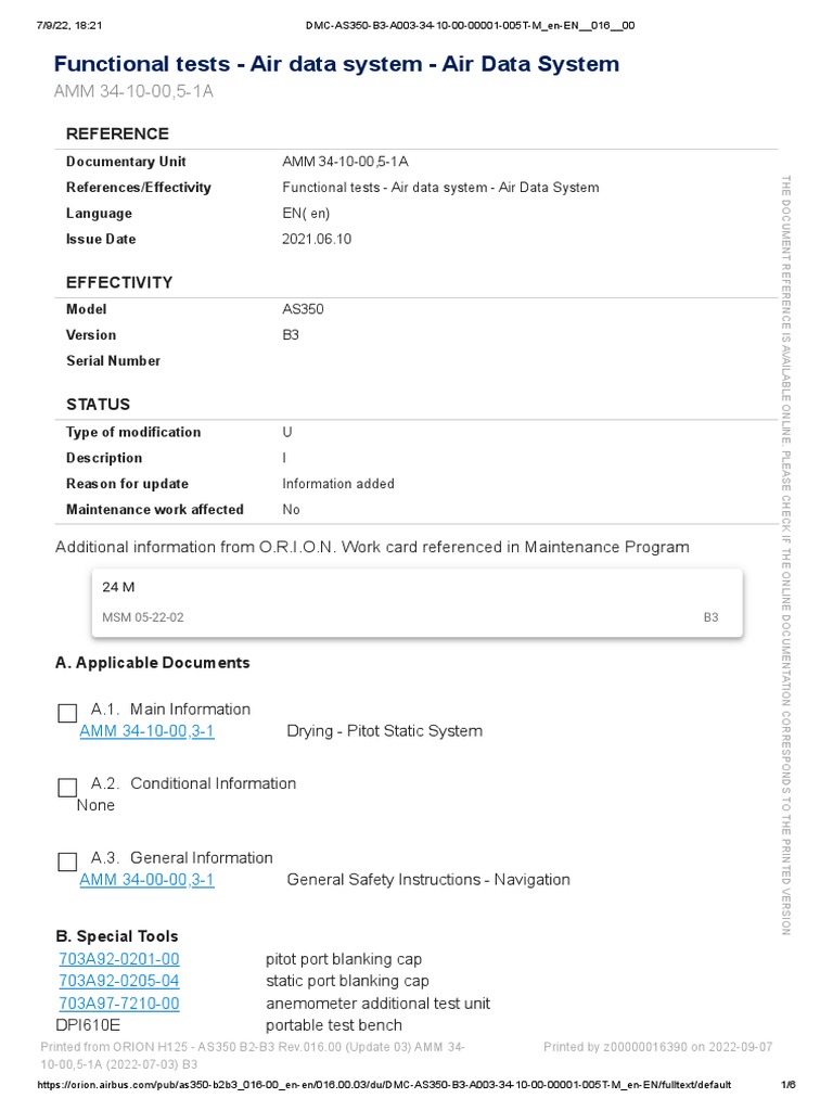 Functional Tests - Air Data System - Air Data System: AMM 34-10-00,5-1A ...
