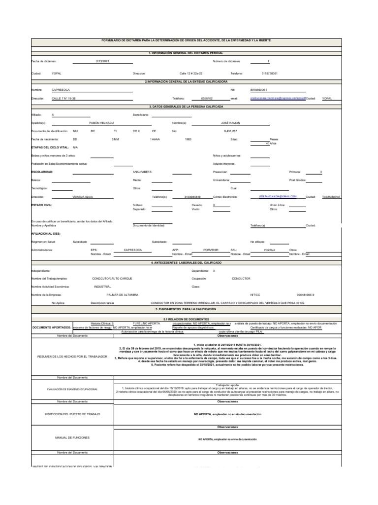 Formulario de Calificacion de Origen José Pabón | PDF | Dolor lumbar | Historial médico
