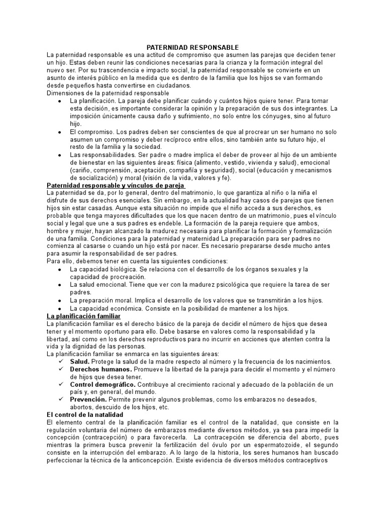 Ficha de La Paternidad Responsable | Descargar gratis PDF | Planificación familiar | Control de ...