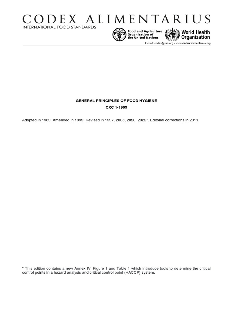 CODEX ALIMENTARIUS Princípios Gerais Da HIGIENE Alimentar" e Como CXC 1 ...
