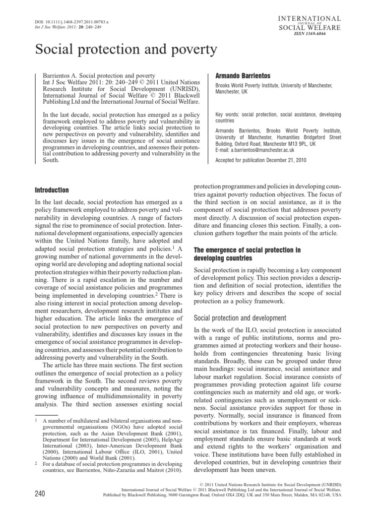 Barrientos (2011) - Social Protection and Poverty | Download Free PDF | Social Protection | Welfare