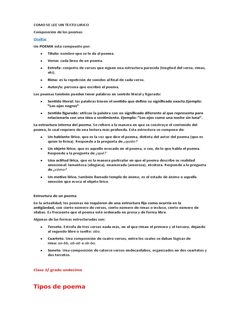 Taller Undecimo El Poema 2 Periodo 2023 | PDF | Poesía | Metro (poesía)