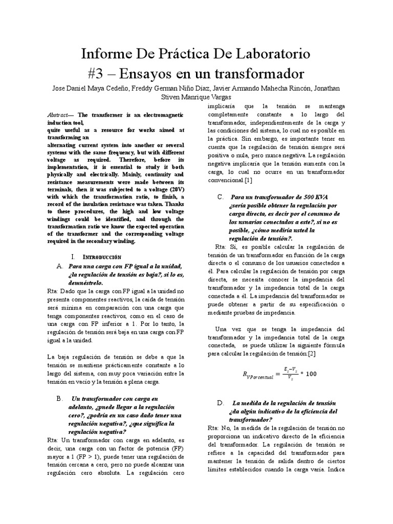 Informe Lab 3 Maquinas 2 | PDF | Transformador | Energia electrica