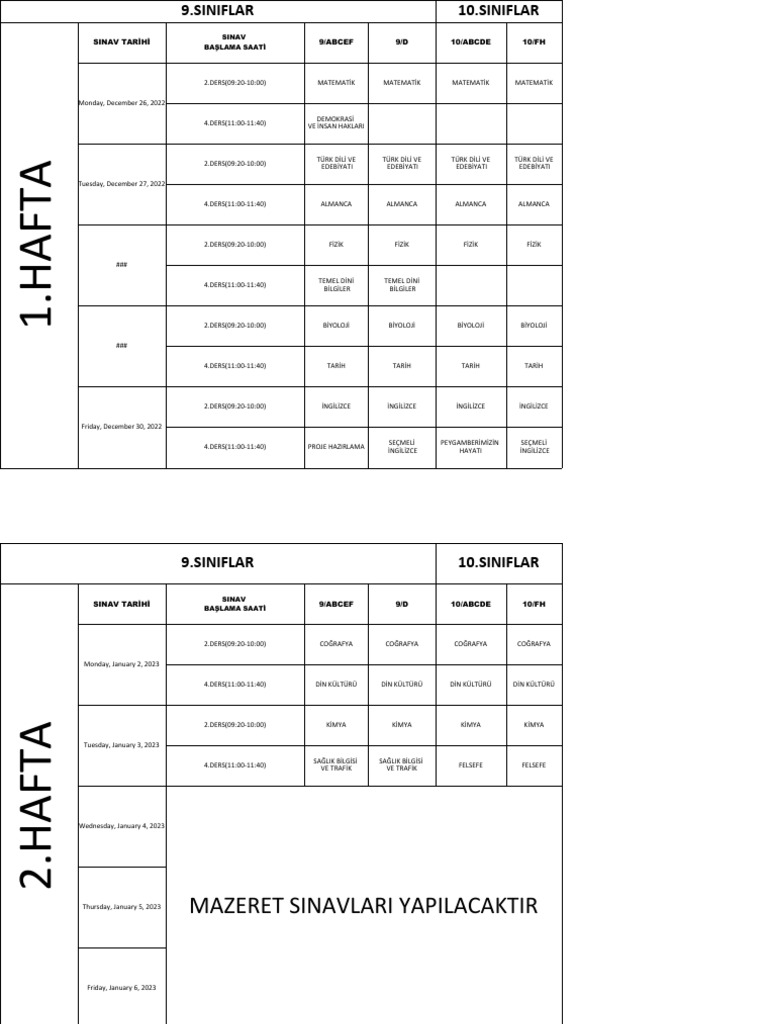 1.dönem 2.yazili Sinav Tari̇hleri̇ | PDF