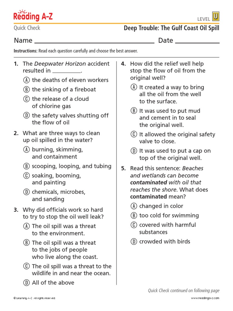 Deep Trouble - Oil Spills Quiz | PDF | Oil Spill | Deepwater Horizon ...