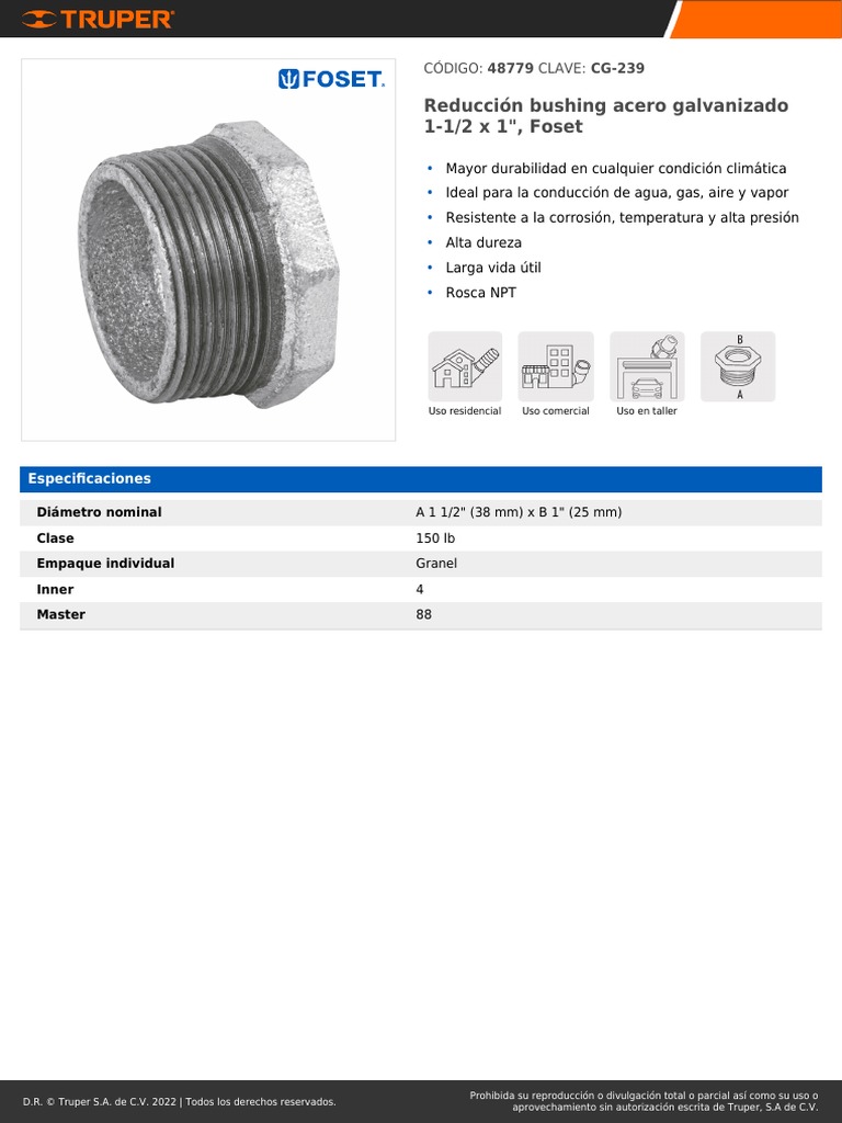 Reducción Bushing Acero Galvanizado 1-1/2 X 1", Foset | PDF