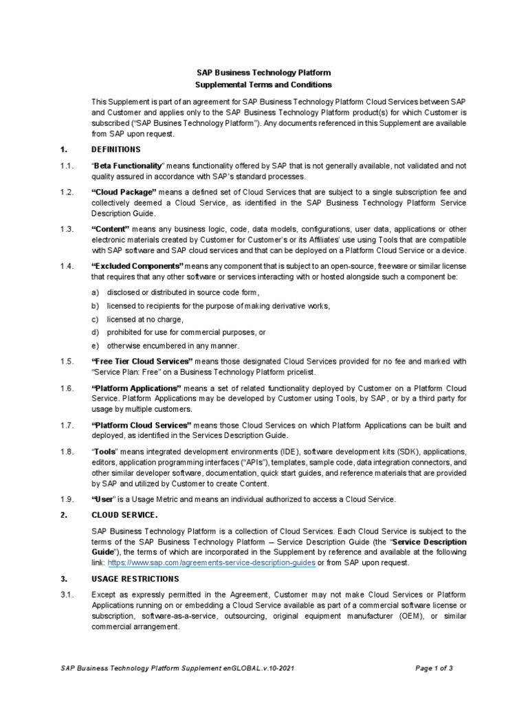 Sap Business Technology Platform Supplement English v10 2021 | PDF | Cloud Computing ...