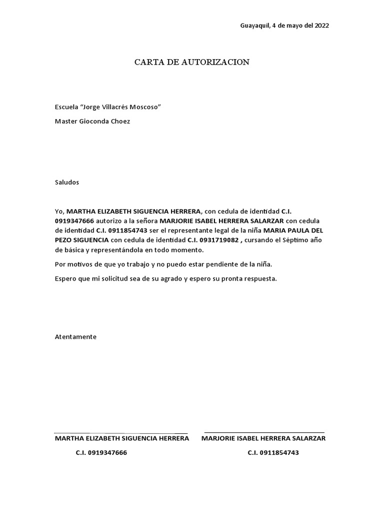 CARTA de AUTORIZACION de Representante Legal | PDF