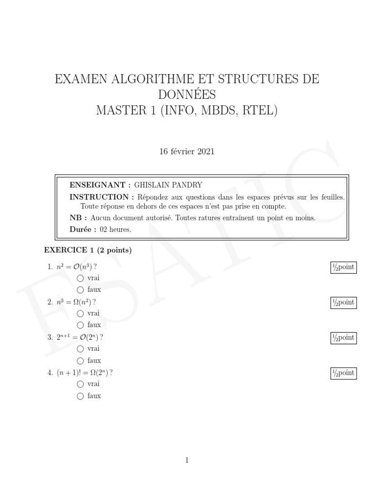 Examen Algorithmes et Structures de Données | PDF | Informatique ...