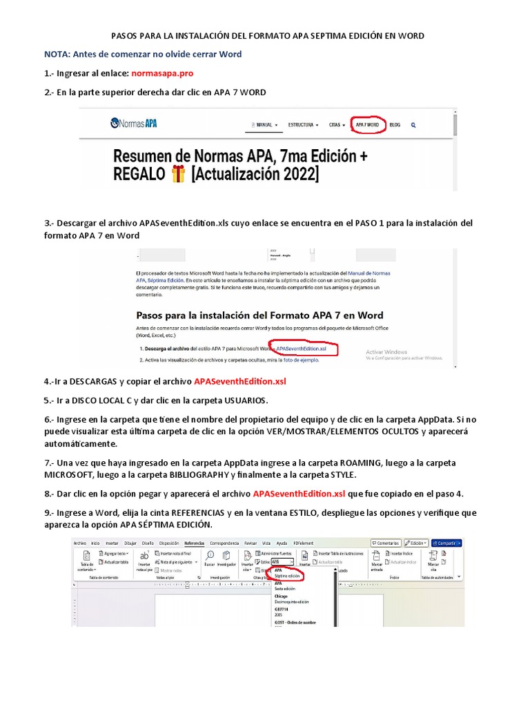 Pasos para La Instalación Del Formato Apa Septima Edición en Word | PDF