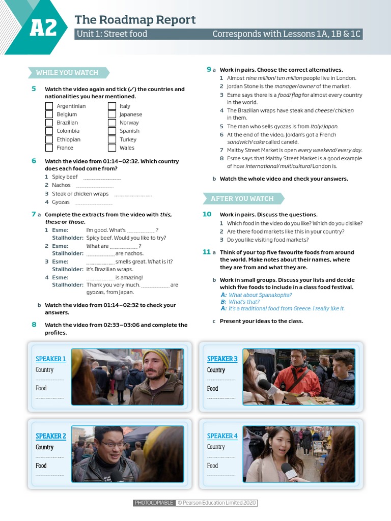 Roadmap A2 Video Worksheets Unit 1 | PDF | Foods | Cuisine