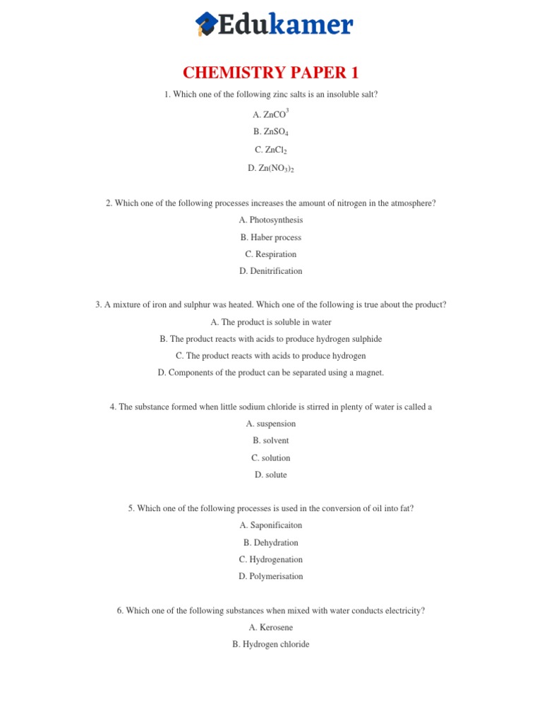Chemistry Exam Questions Review | PDF | Chlorine | Acid